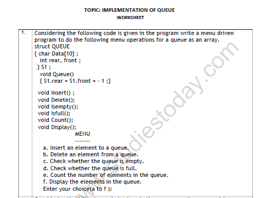Cbse Class 12 Computer Science Implementation Of Queue Worksheet Set A